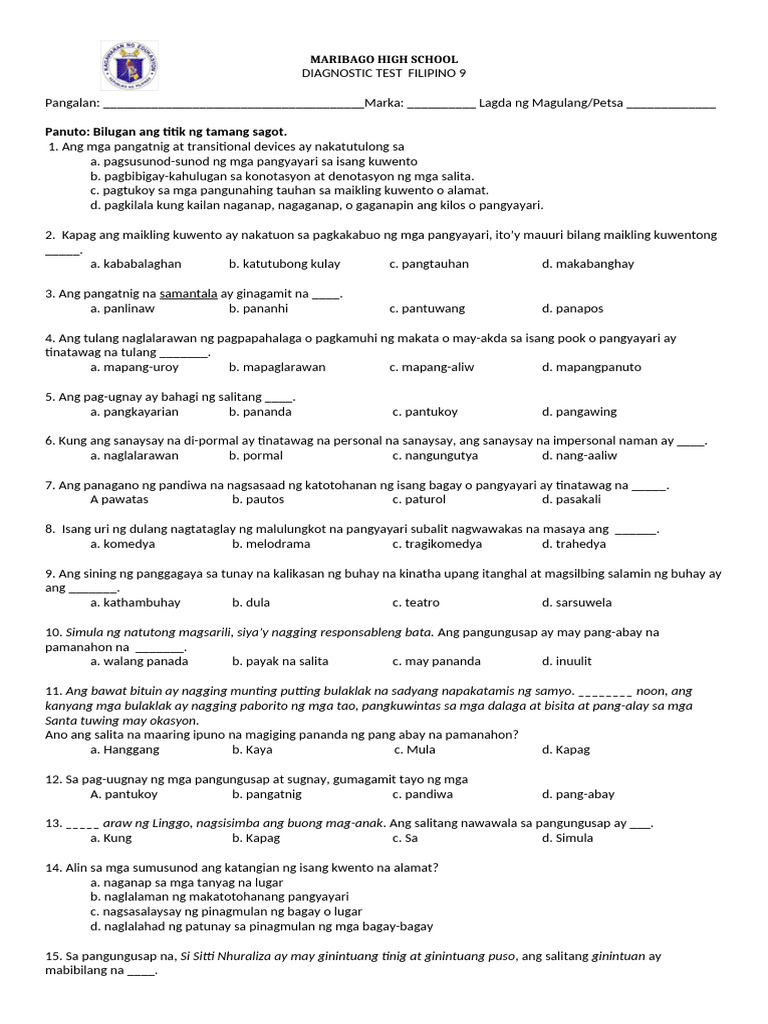 Diagnostic Test - Filipino 9 | PDF