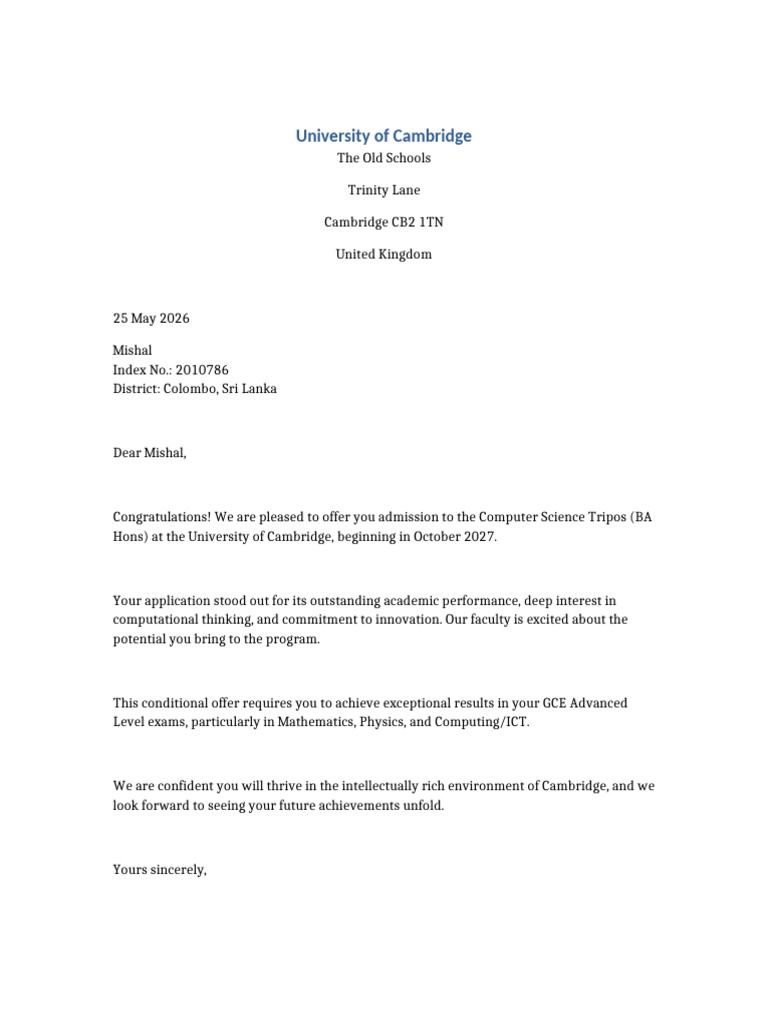 Cambridge Acceptance Letter | PDF