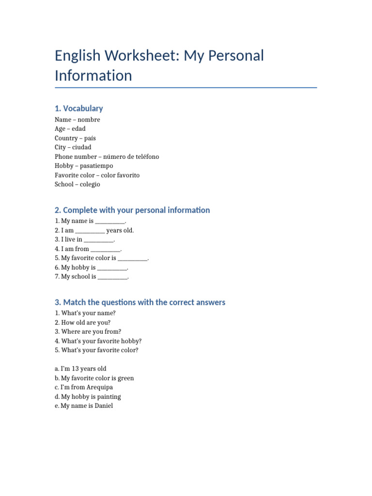 Personal Information Worksheet for Students | PDF