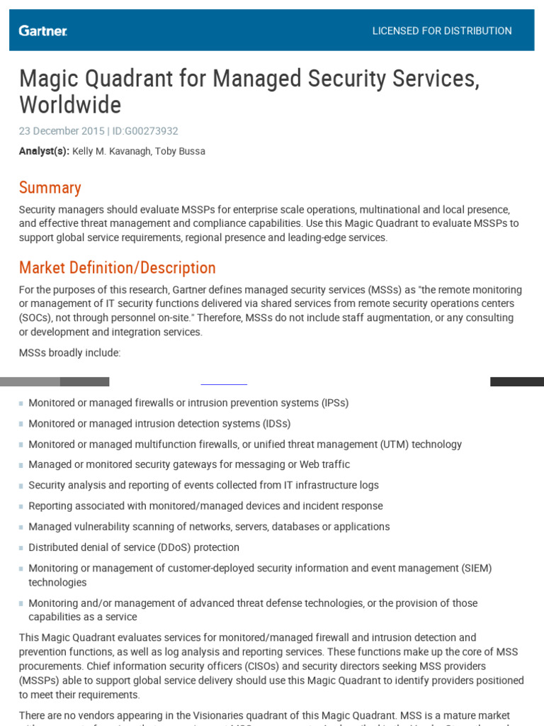 Gartner Group Magic Quadrant On Managed Security Services | PDF | Computer Security | Security