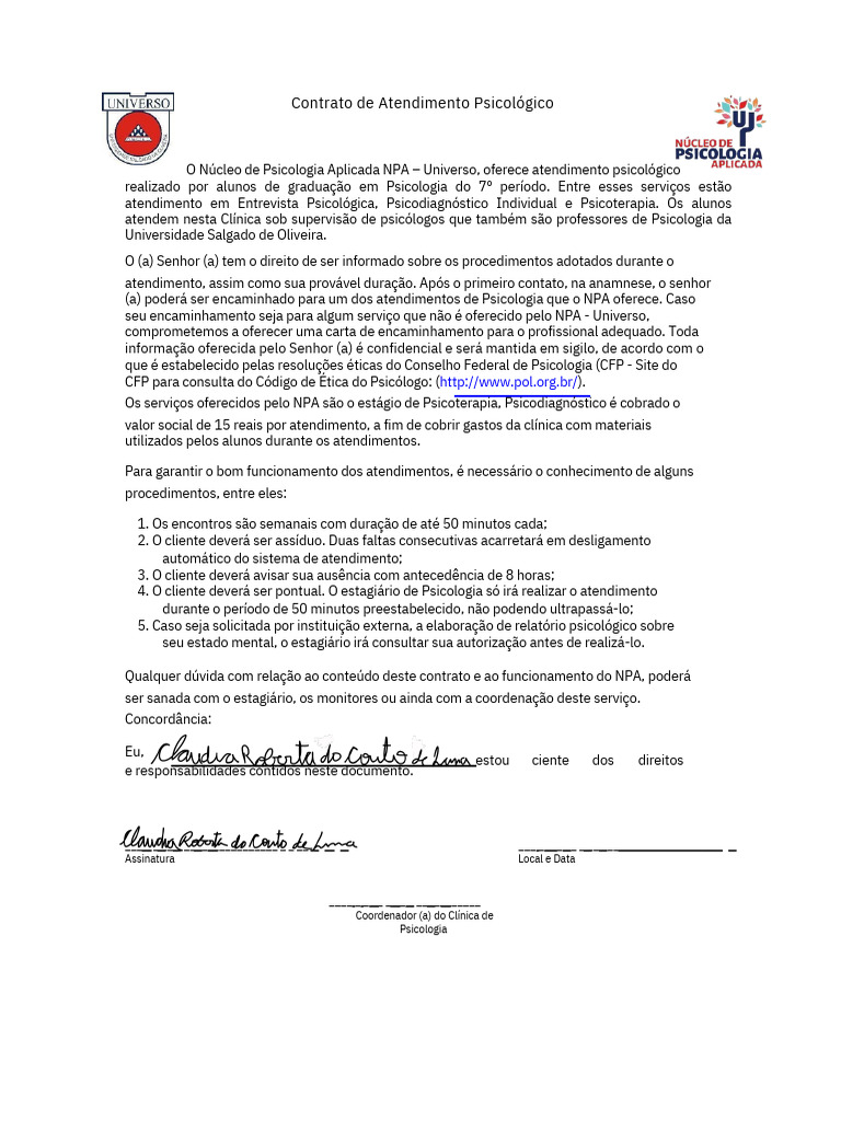 Contrato de Atendimento Psicológico - 20250415 - 171440 - 0000 | PDF | Psicologia