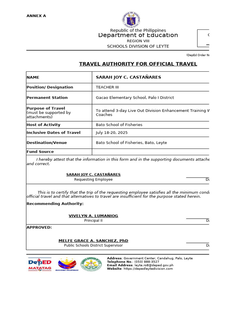 Travel Authority for Teacher Workshop | PDF
