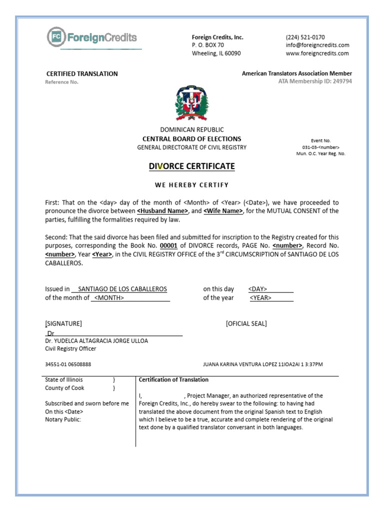 Dominican Republic Divorce Certificate Template | PDF | Document ...