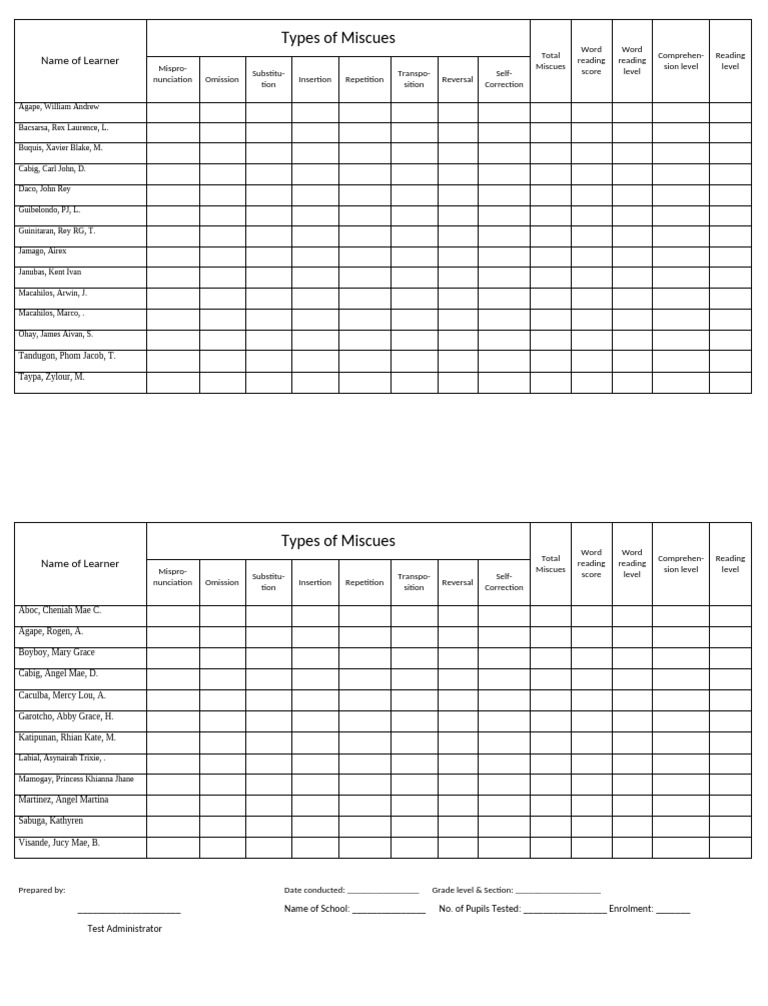 Form For Type of Miscues 1 | PDF