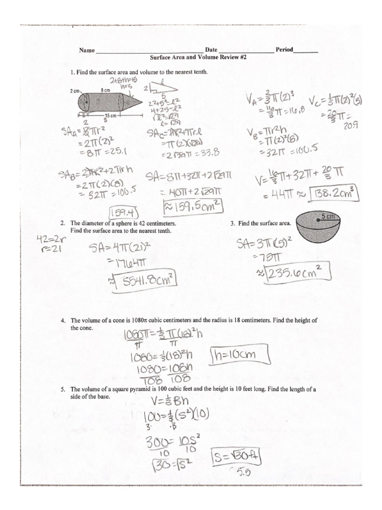 Surface Area and Volume Review #2 Answer Key | PDF