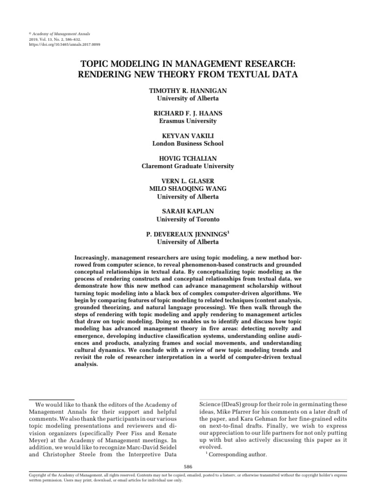 Topic Modeling in Management Research - Rendering New Theory From ...