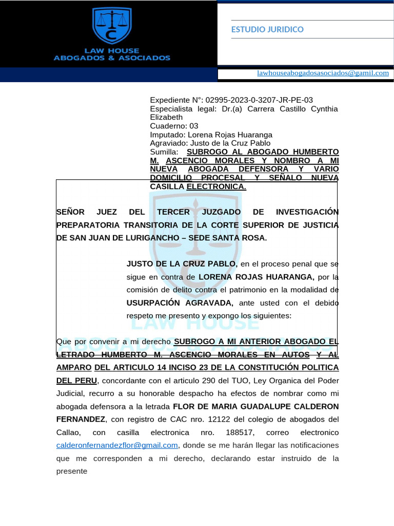 Escrito de Subrogo Abogado y Nombro Nueva Abogada. | PDF | Abogado | Justicia