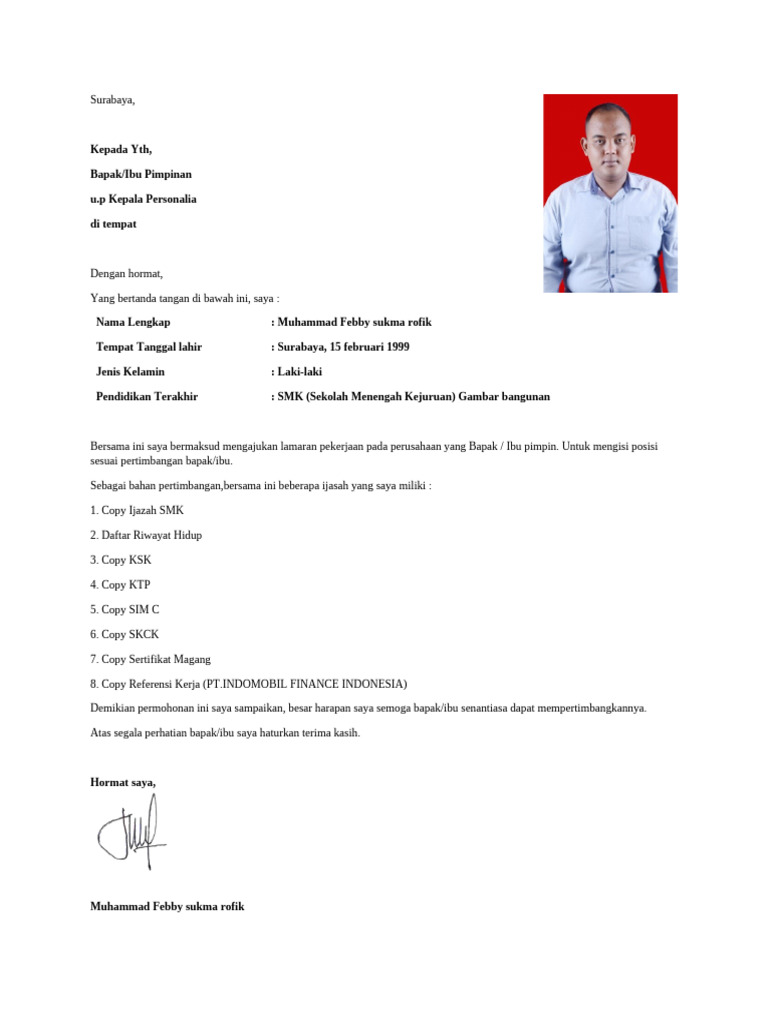 Surat Lamaran Muhammad Febby Sukma Rofik | PDF