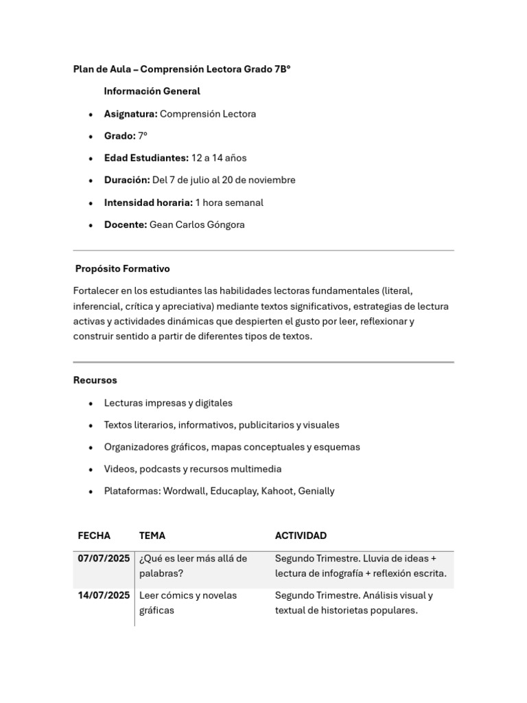 Plan de Aula Comprensión Lectora 7B | PDF | Comprensión lectora | Aprendizaje
