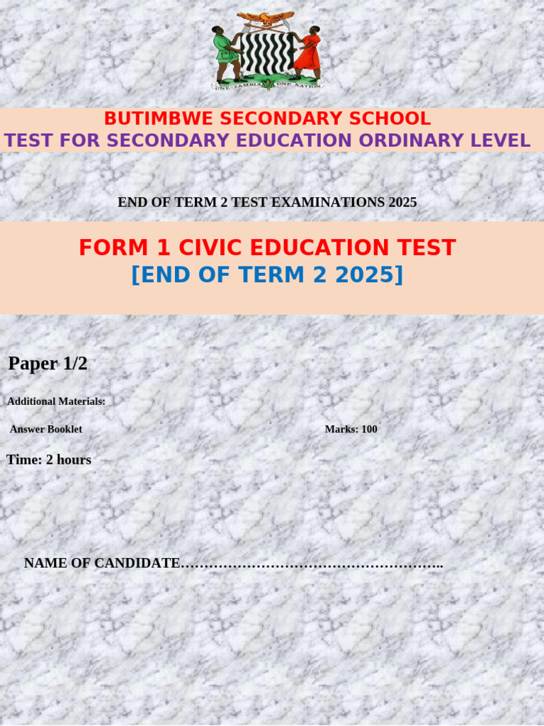 Form 1 Civic Education Term 2 Test 2025 | PDF | Money | Civics