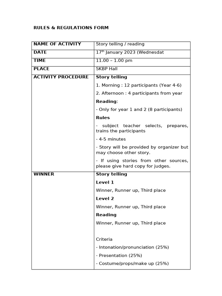 Rules & Regulation Activity Form - Story Telling & Reading 2023 | PDF