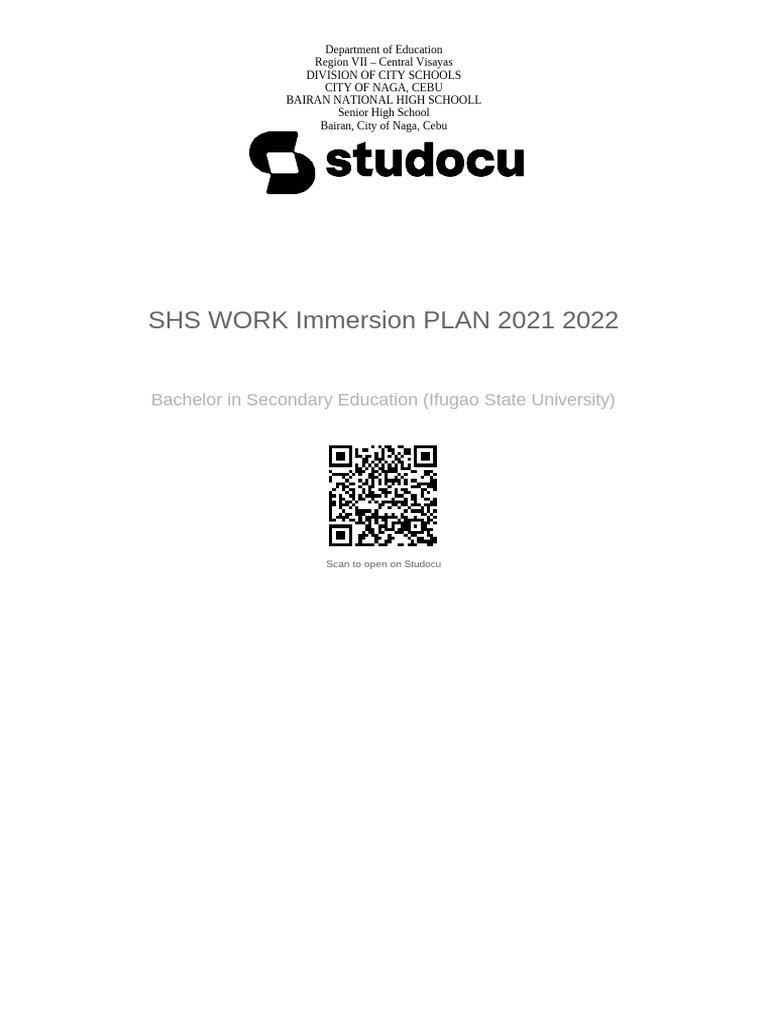 SHS Work Immersion Plan 2024-2025 | PDF | Cognition | Science