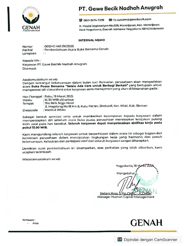 Internal Memo Buka Bersama Genah 2025 | PDF
