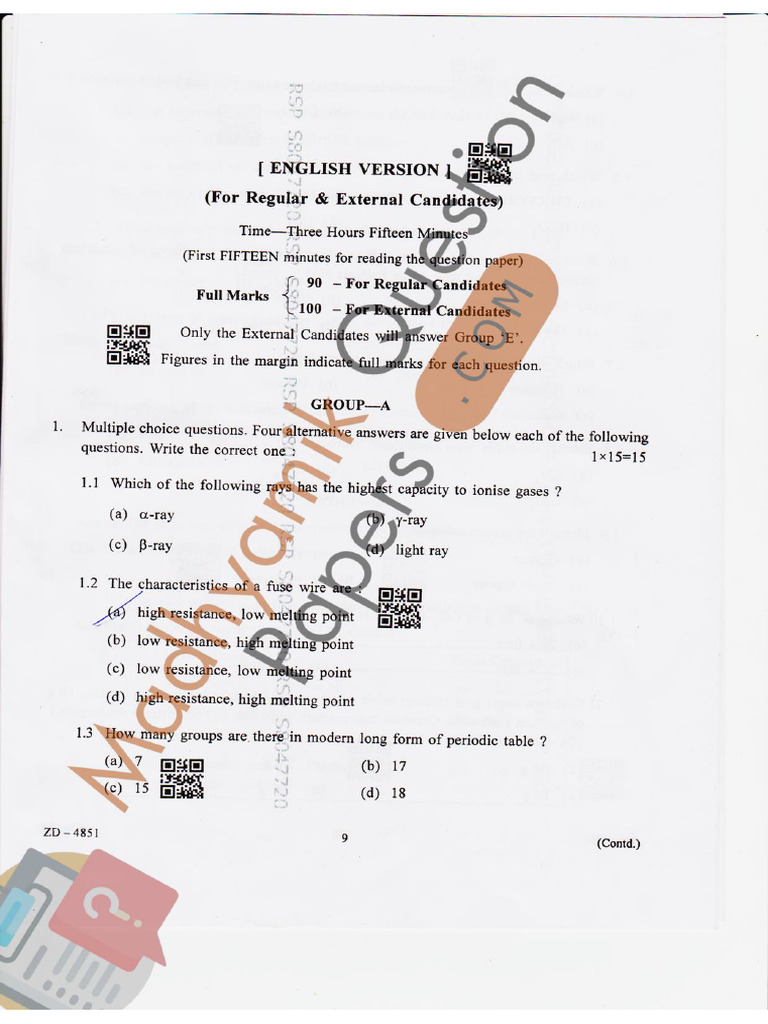 Madhyamik 2025 Physical Science Question Paper English Version PDF | PDF