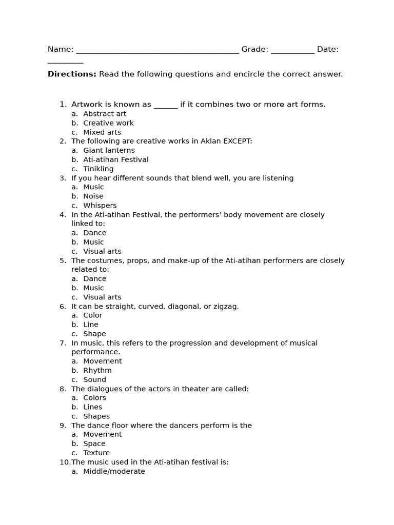 MAPEH Week 1-2 Formative Test | PDF