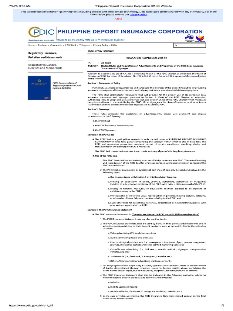 PDIC Regulatory Issuance No. 2025-01 | PDF