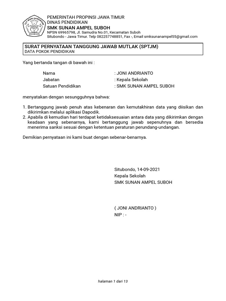 Contoh Format SPTJM | PDF