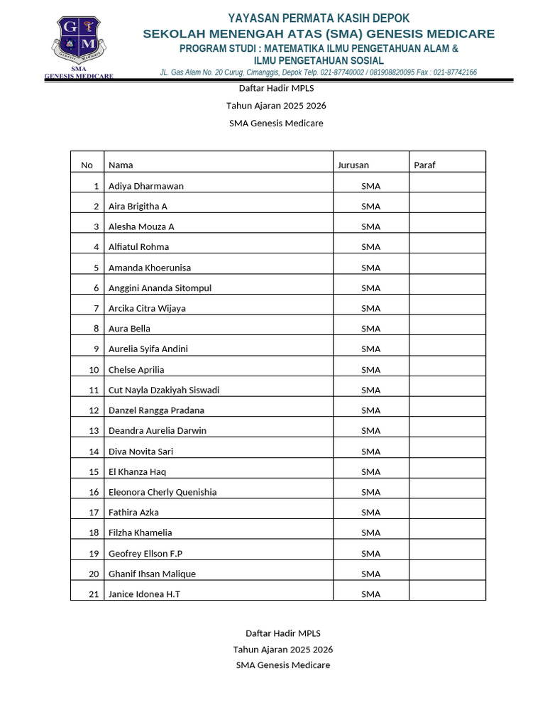 Daftar Hadir Mpls Ta 2526 Sma | PDF