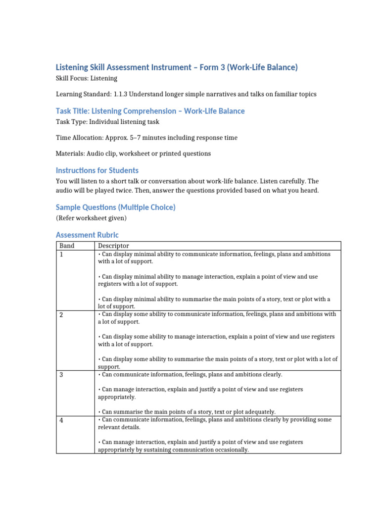 Listening Assessment: Work-Life Balance | PDF | Reading Comprehension ...