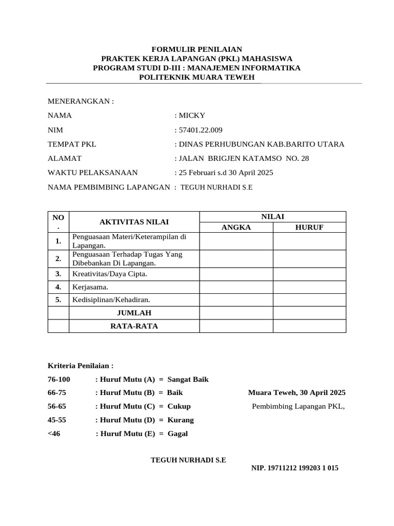 Formulir Penilaian PKL | PDF