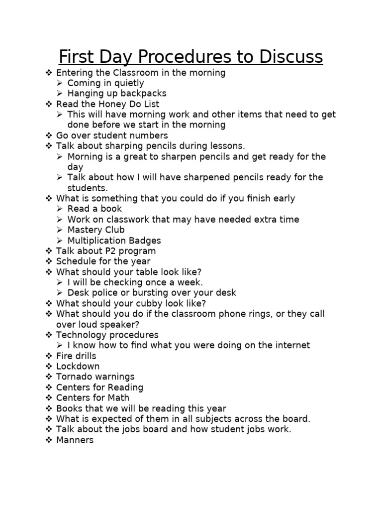 First Day Procedures To Discuss | PDF