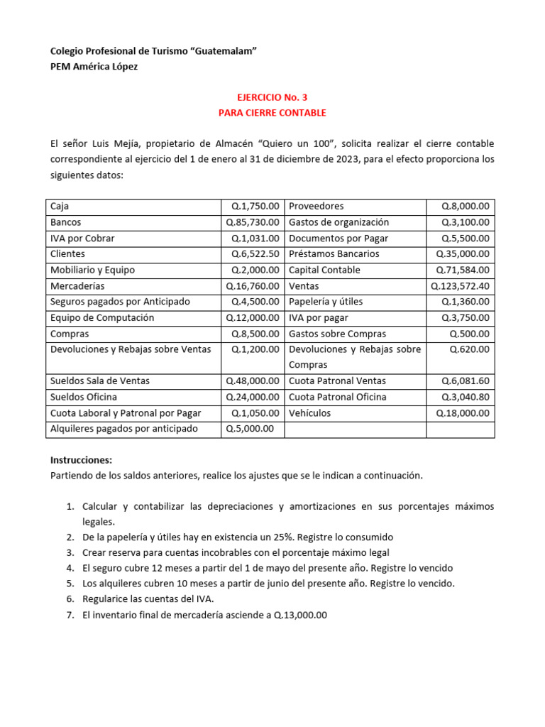 Ejercicio No. 3 Cierre Contable | PDF