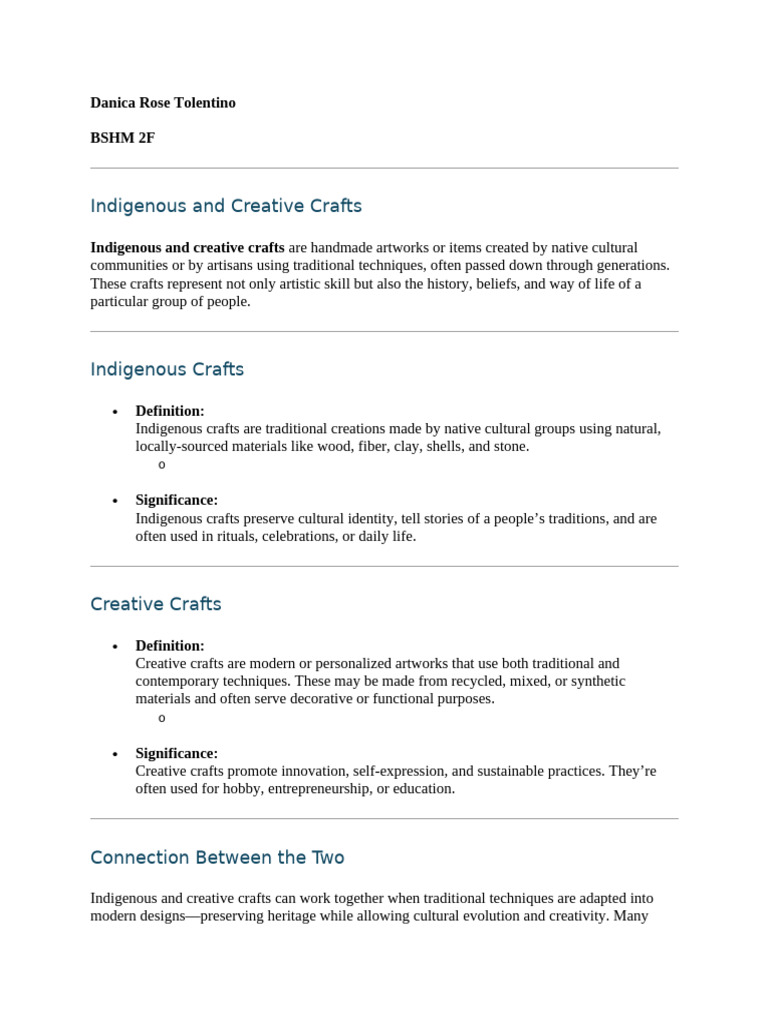 Indigenous and Creative Crafts: Danica Rose Tolentino BSHM 2F | PDF