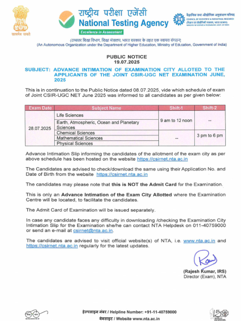 Public Notice Advance City Intimation For Csir June 2025 | PDF