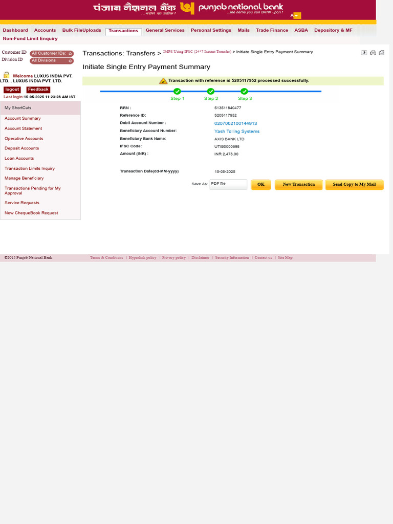 PNB Retail Banking Transaction Summary | PDF