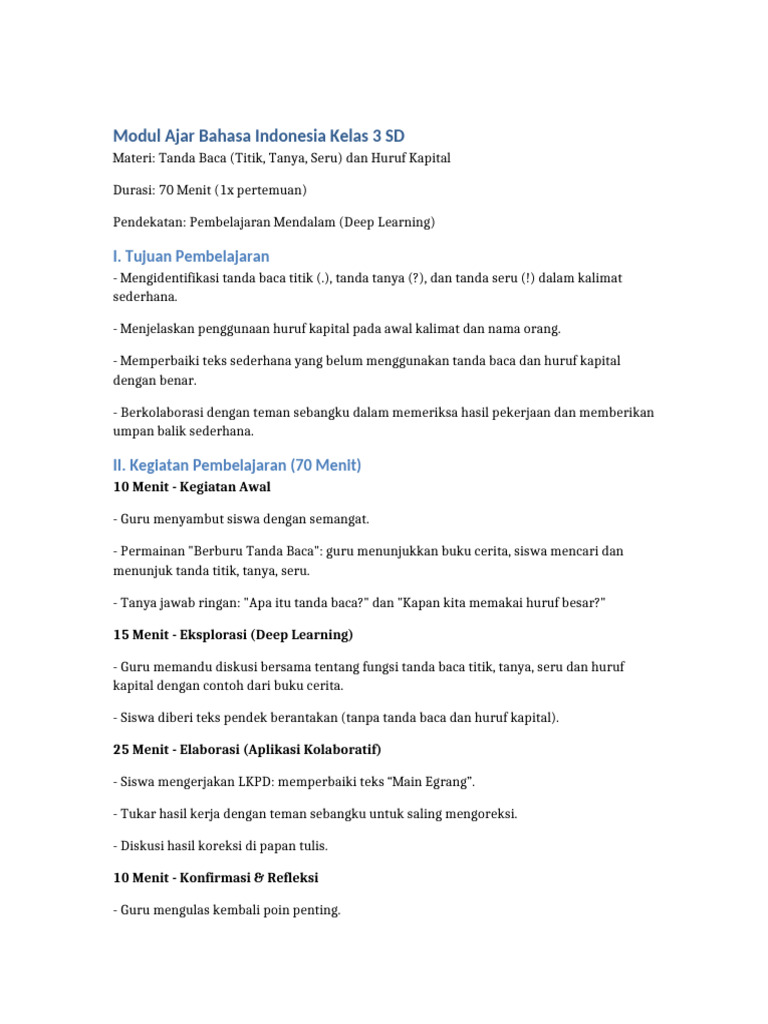 Modul Ajar Kelas3 Tanda Baca Huruf Kapital | PDF