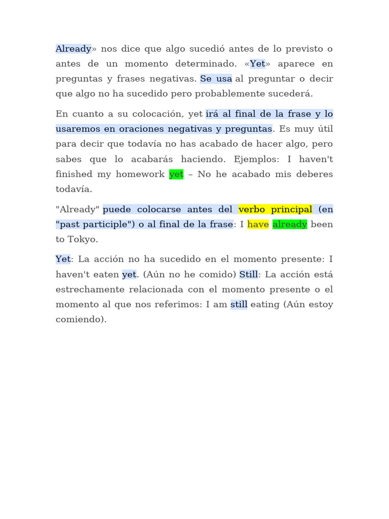 Usos de "Already" y "Yet" en inglés | PDF