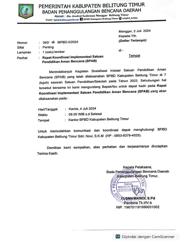 Surat BPBD - Rapat Koordinasi Implementasi SPAB | PDF