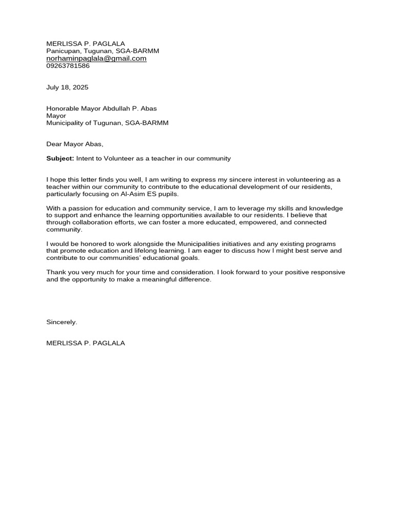 Volunteer Teaching Intent Letter | PDF