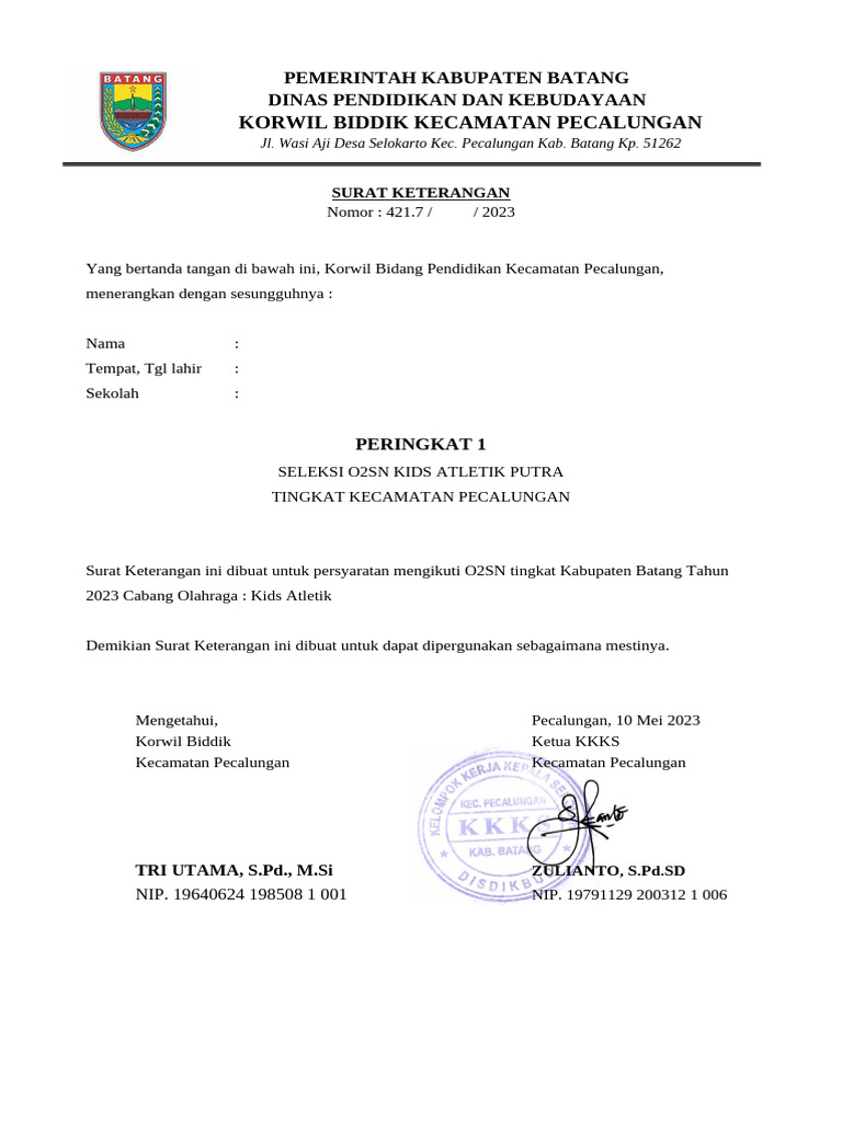 Surat Ket Kontingen O2sn 2023 | PDF
