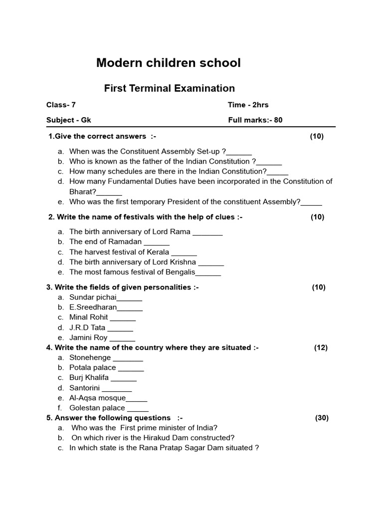 Class 7 GK Examination Paper | PDF