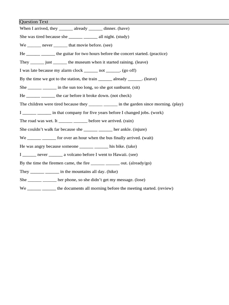 Past Perfect Tense Quiz Questions | PDF | Multiple Choice