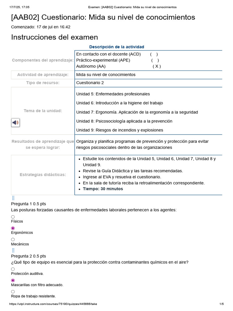 Examen - (AAB02) Cuestionario - Mida Su Nivel de Conocimientos | PDF | Higiene Ocupacional
