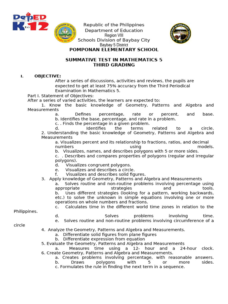 Summative Test Math5(3rd) | PDF | Shape | Mathematics