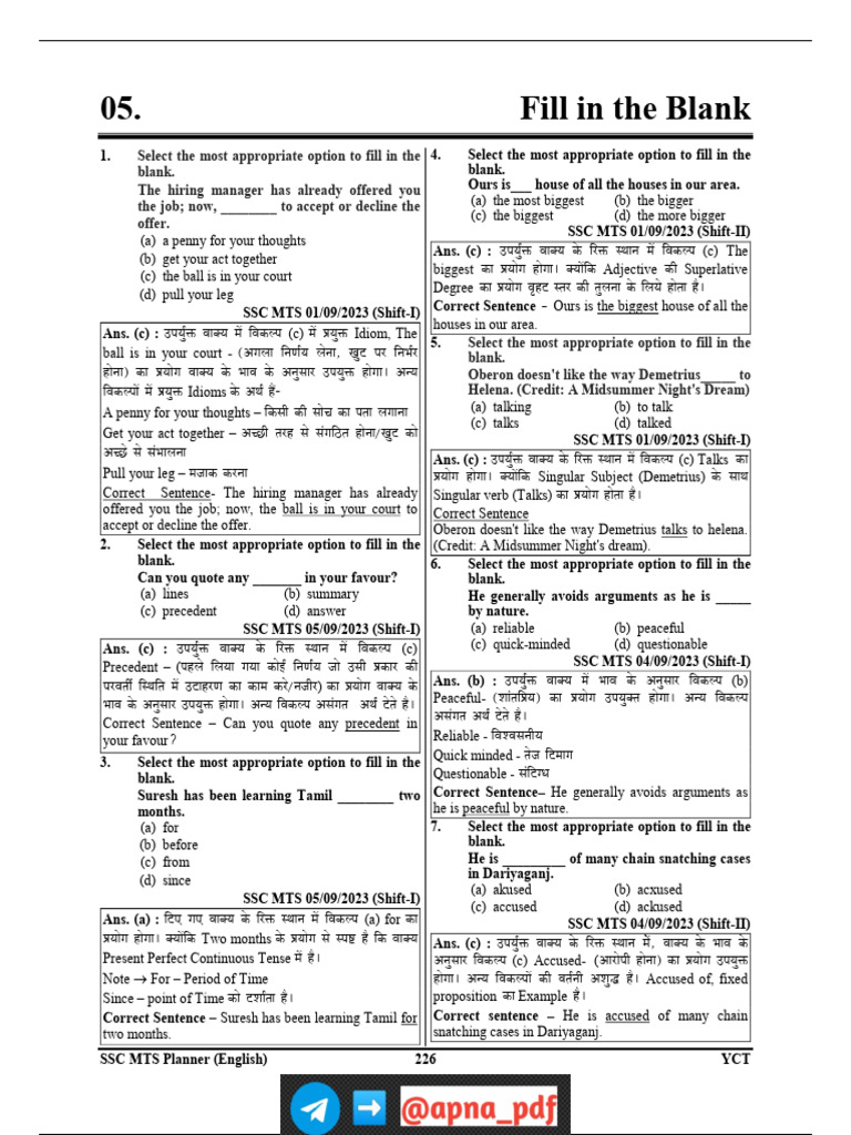 SSC MTS English Fill-in-the-Blank Guide | PDF
