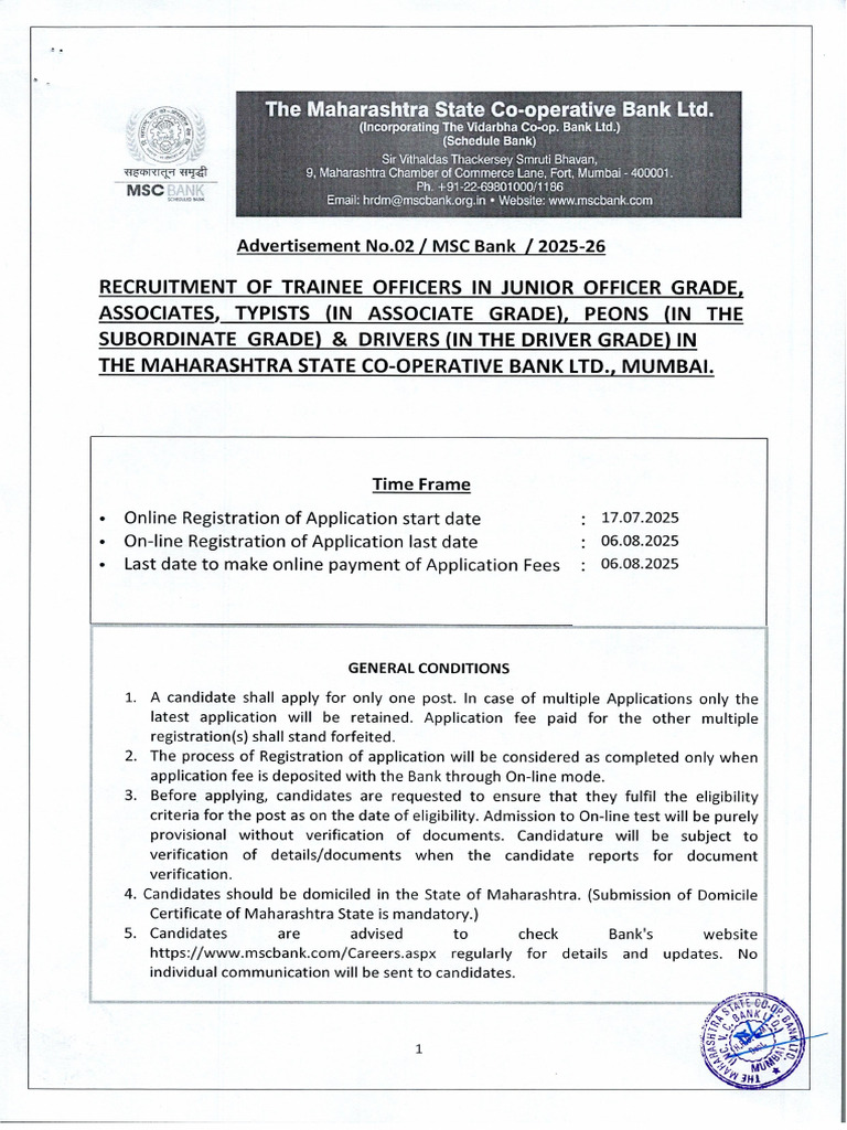 MAHARASHTRA STATE COOPERATIVE BANK LIMITED (MSC BANK) Job 6 | PDF