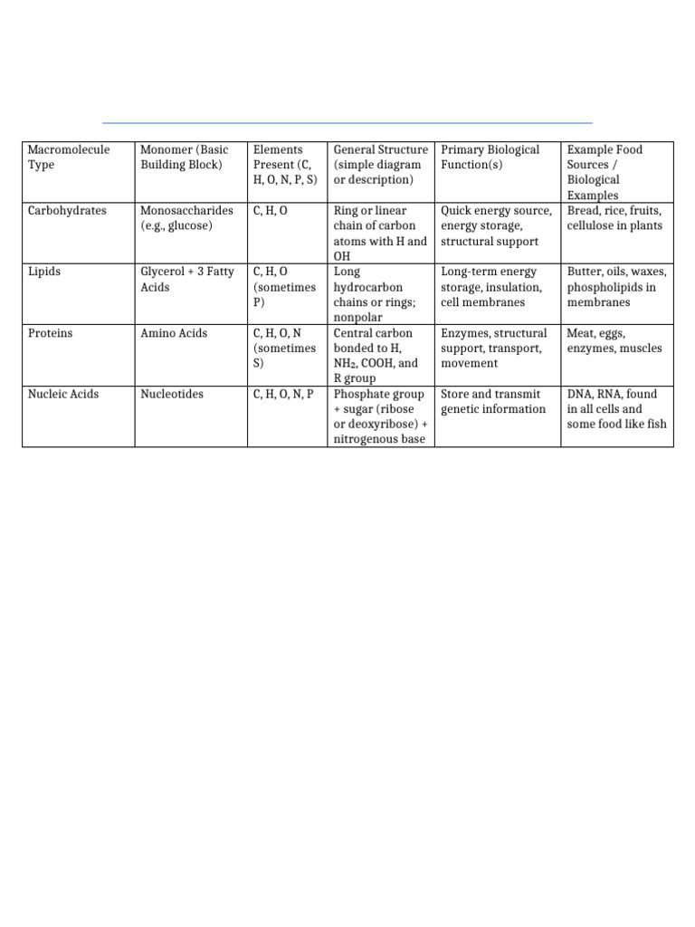 Biological Macromolecules Table | PDF