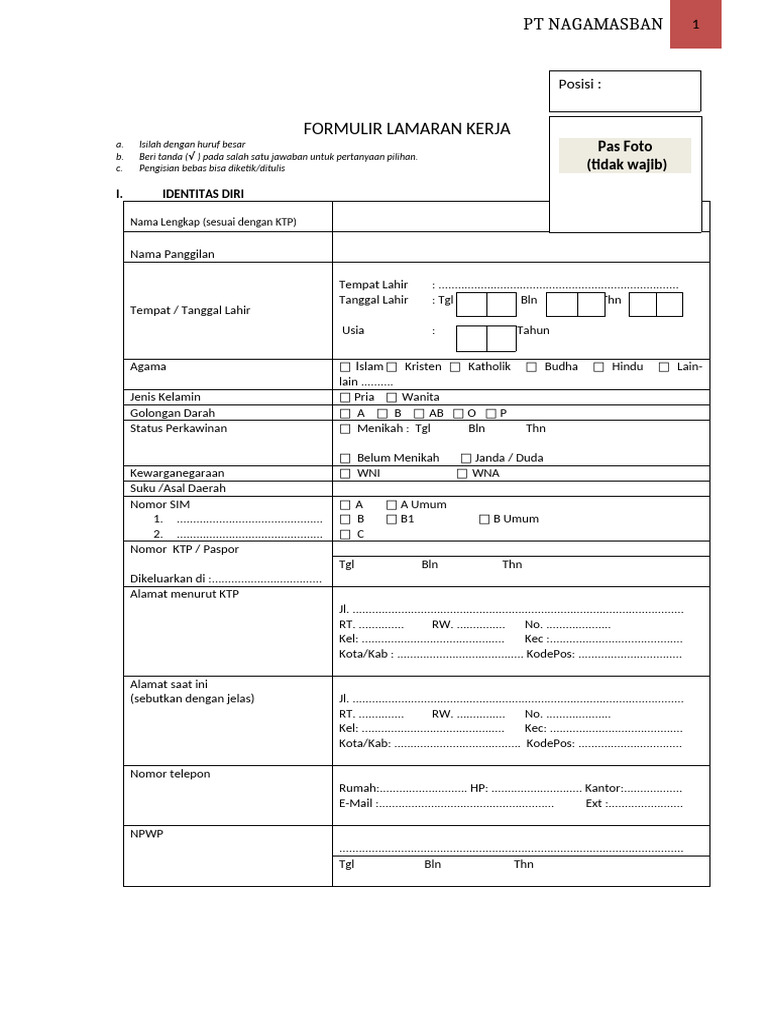 1 Formulir Lamaran Kerja | PDF