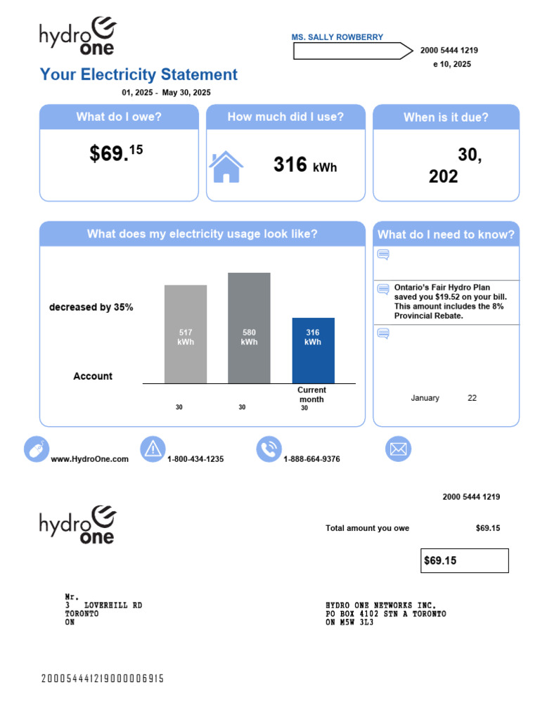 Utility Bills Canada Ontario Hydro One Electricity Bill PDF | PDF ...