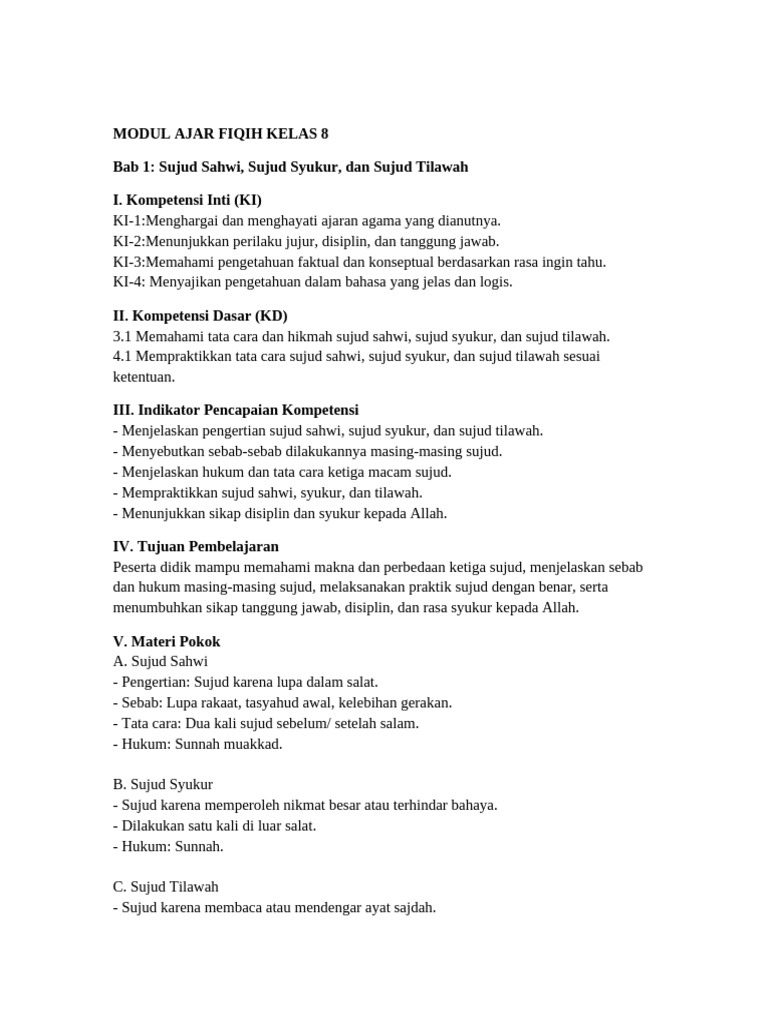 Modul Ajar Fiqih Kelas 8 Bab 1 Sujud | PDF