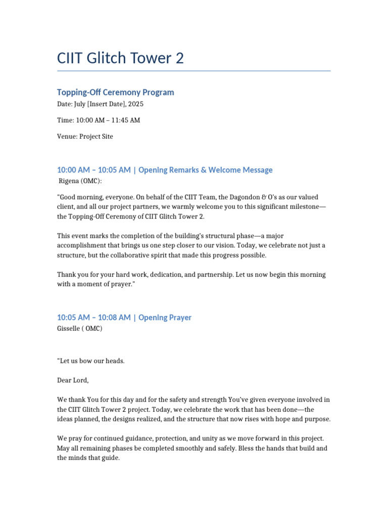 CIIT Glitch Tower 2 Topping Off Ceremony Program Final | PDF