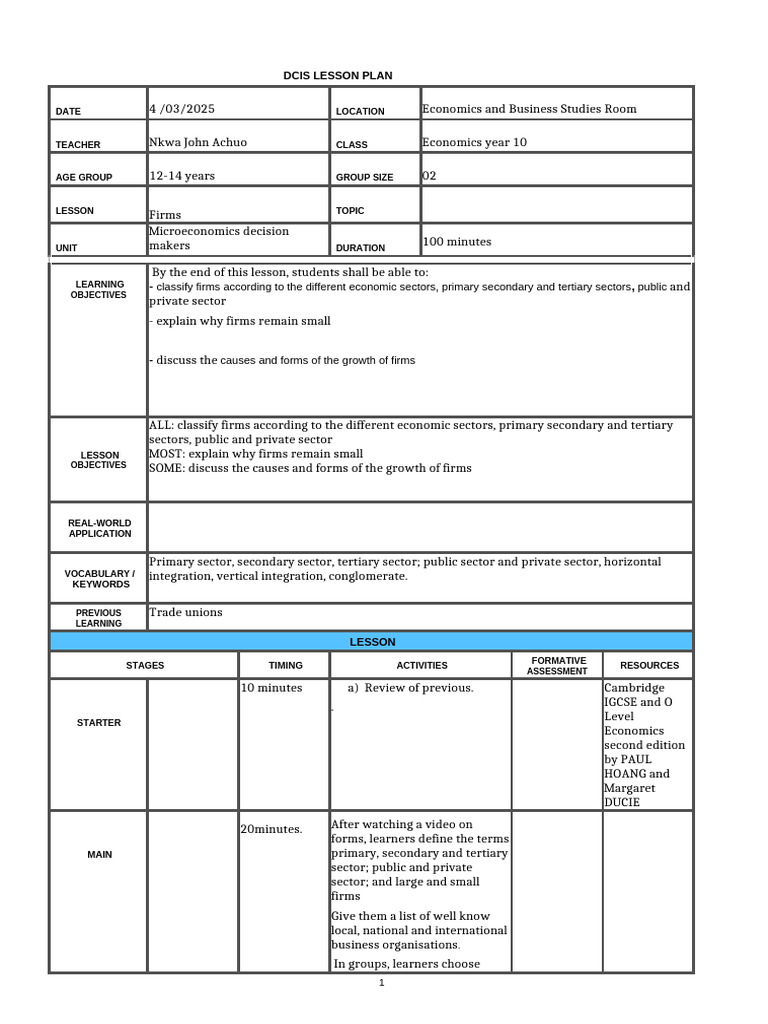 Economics Year10 4th Maech | PDF | Lesson Plan | Mergers And Acquisitions