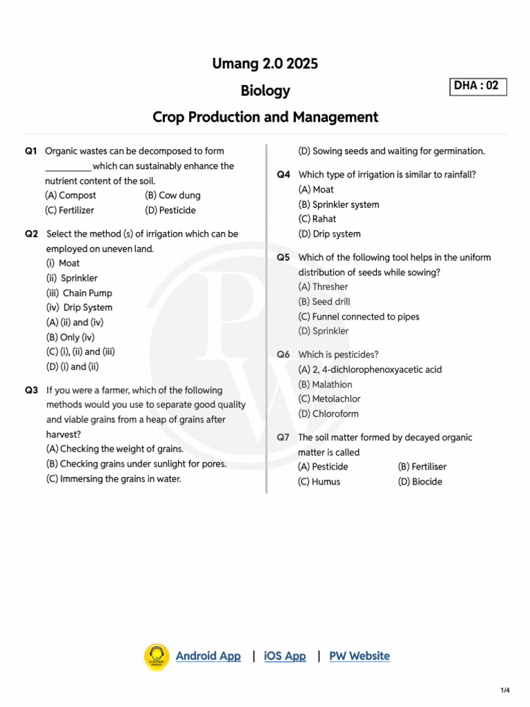 Crop Production and Management - DHA 02 - Umang 2.0 2025 | PDF | Irrigation | Horticulture