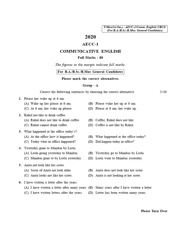 CU-2020 B.a. B.sc. B.mus. (General) Modern Indian Language Semester-I Paper-AECC-1 Communicative ...