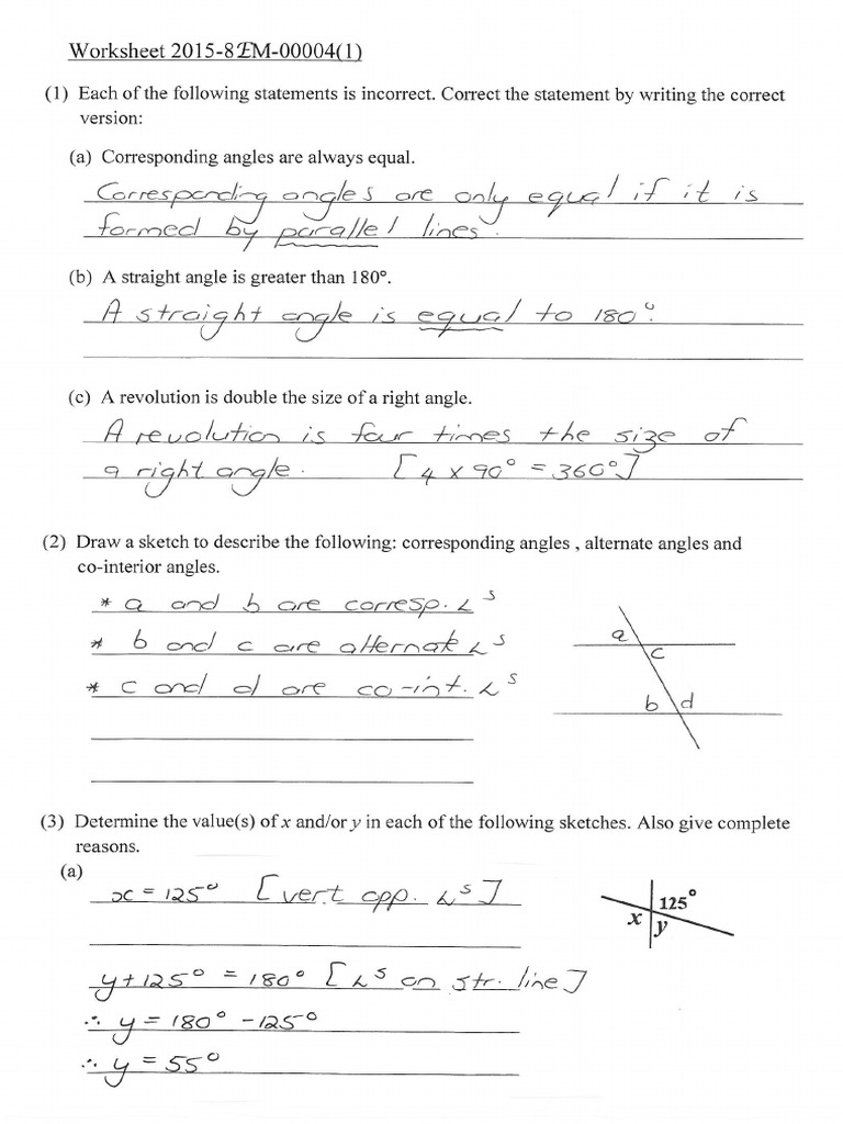 Grade 8 Angles Worksheet Memo | PDF