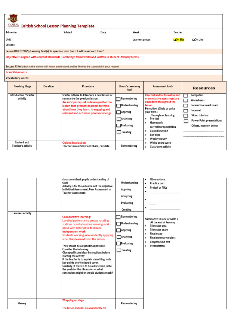 Lesson Plan Template 2022-23 | PDF | Educational Assessment | Learning